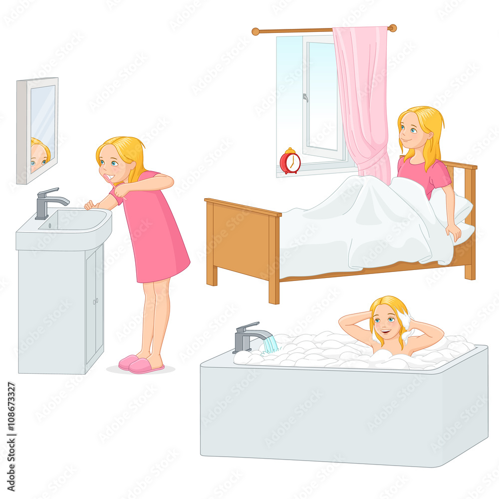 Girl doing her morning routine.Vector illustration isolated on white ...