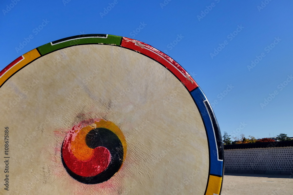 Gyeongbokgung Palace. Korean traditional drum called buk, with Taegeuk ...