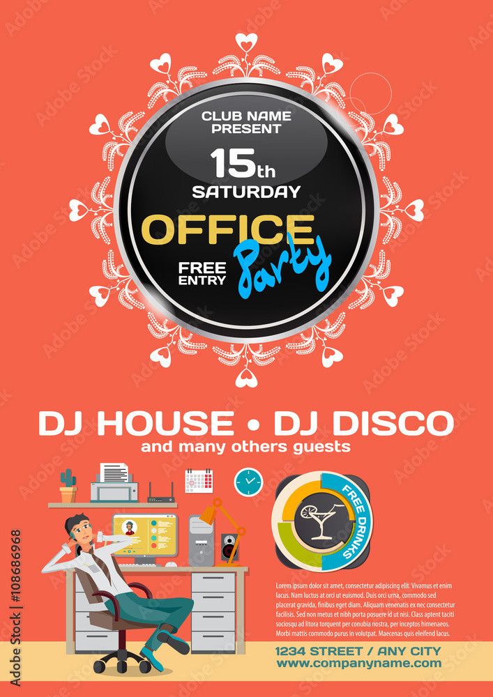 Vector office party invitation lounge dreaming office worker. Po Stock ...