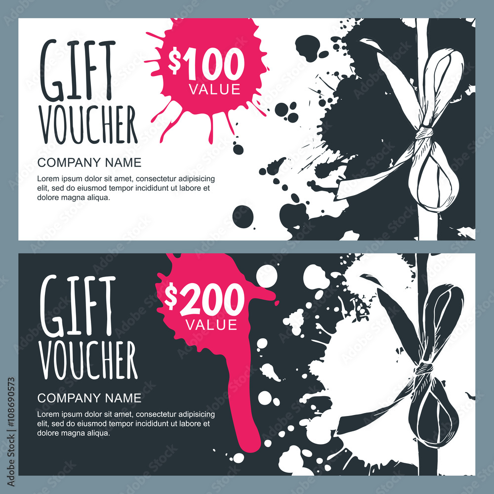 Vector gift voucher template with hand drawn bow ribbons and watercolor ...