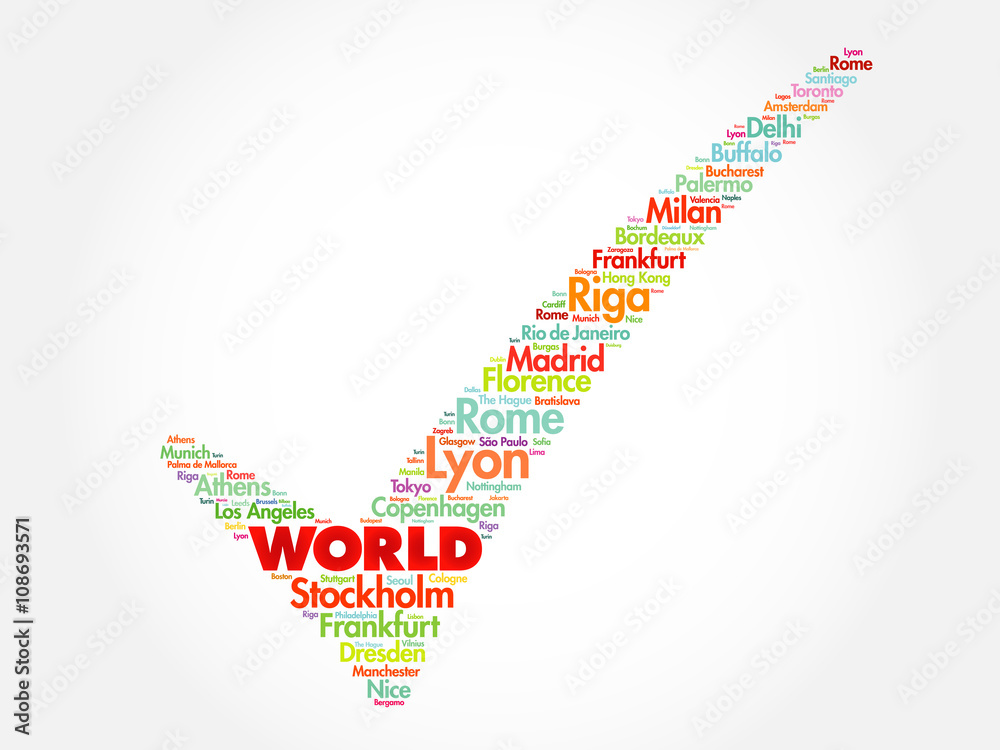 WORLD check mark word cloud concept made with words cities names ...