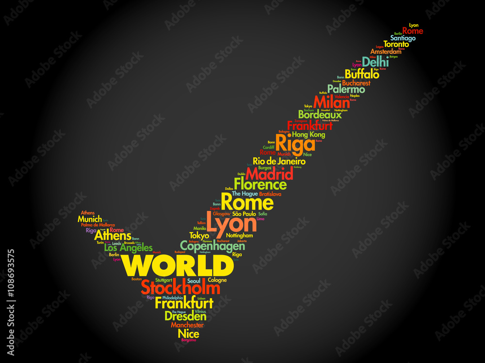 WORLD check mark word cloud concept made with words cities names ...