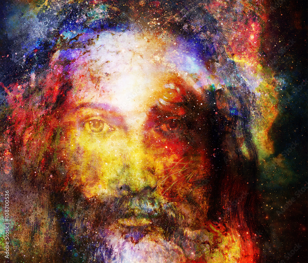 Jesus Christ painting with radiant colorful energy of light in cosmic ...