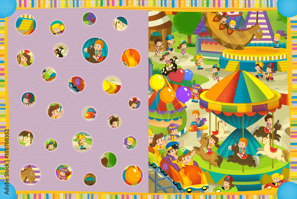 Cartoon scene of kids playing in the funfair - kids at playground ...