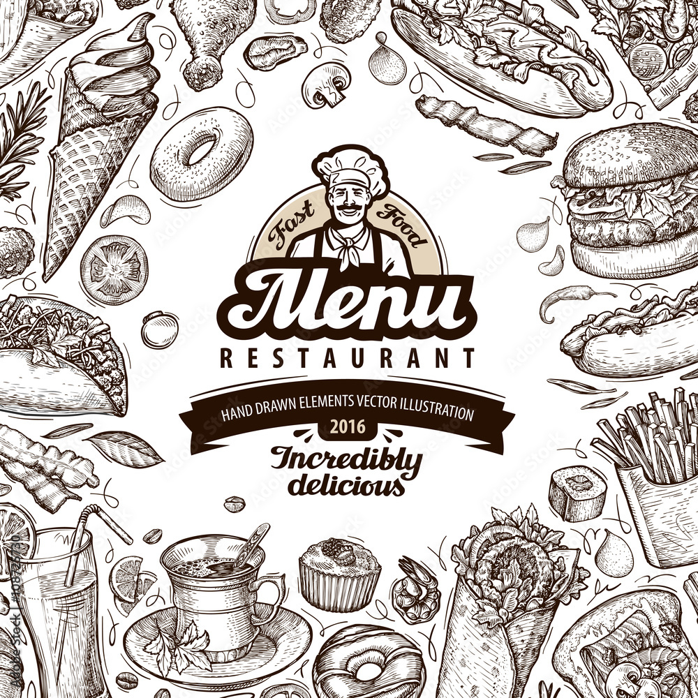 menu restaurant, cafe template design. sketch food Stock Vector | Adobe ...