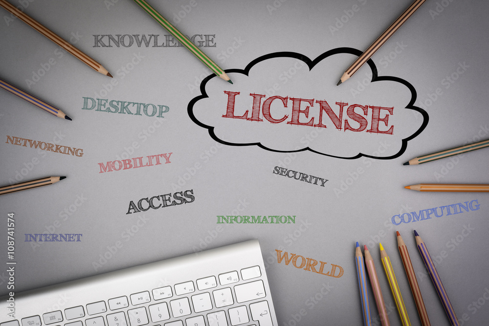LICENSE word cloud. Colored pencils and a computer keyboard on t Stock ...