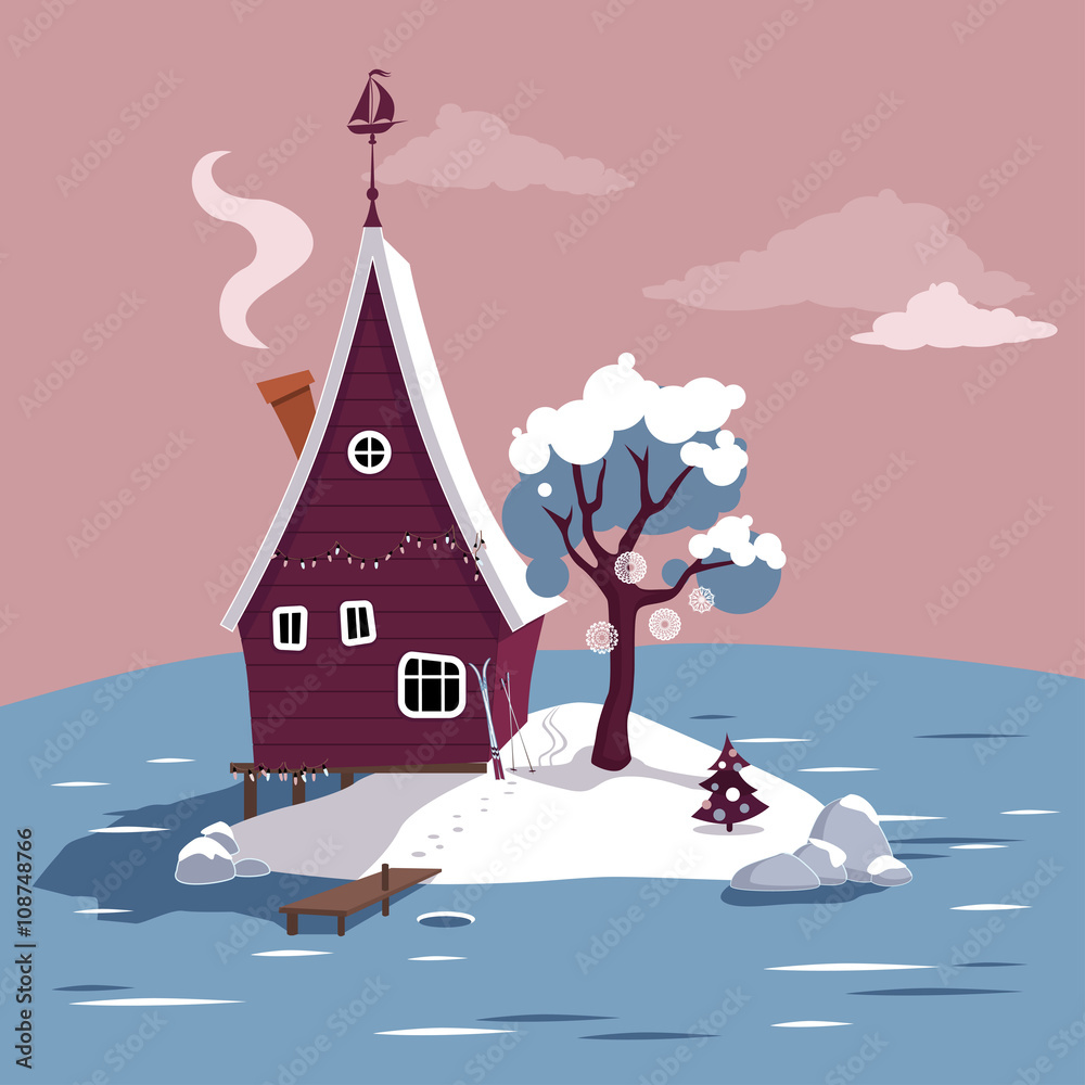 Winter scene with a cartoon house on a small island in the middle of a ...