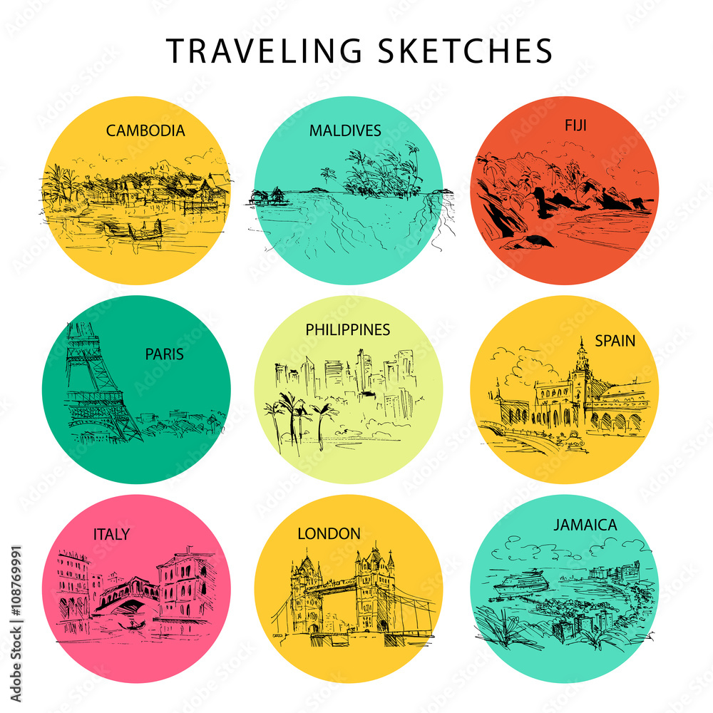 Hand drawn sightseeings vector sketches. Resort, traveling hand drawn ...