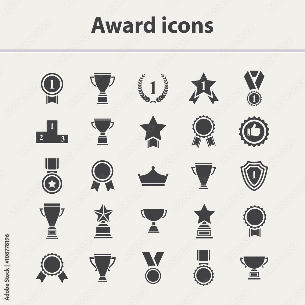 Award icon set.Vector black award icon collection isolated on a white ...