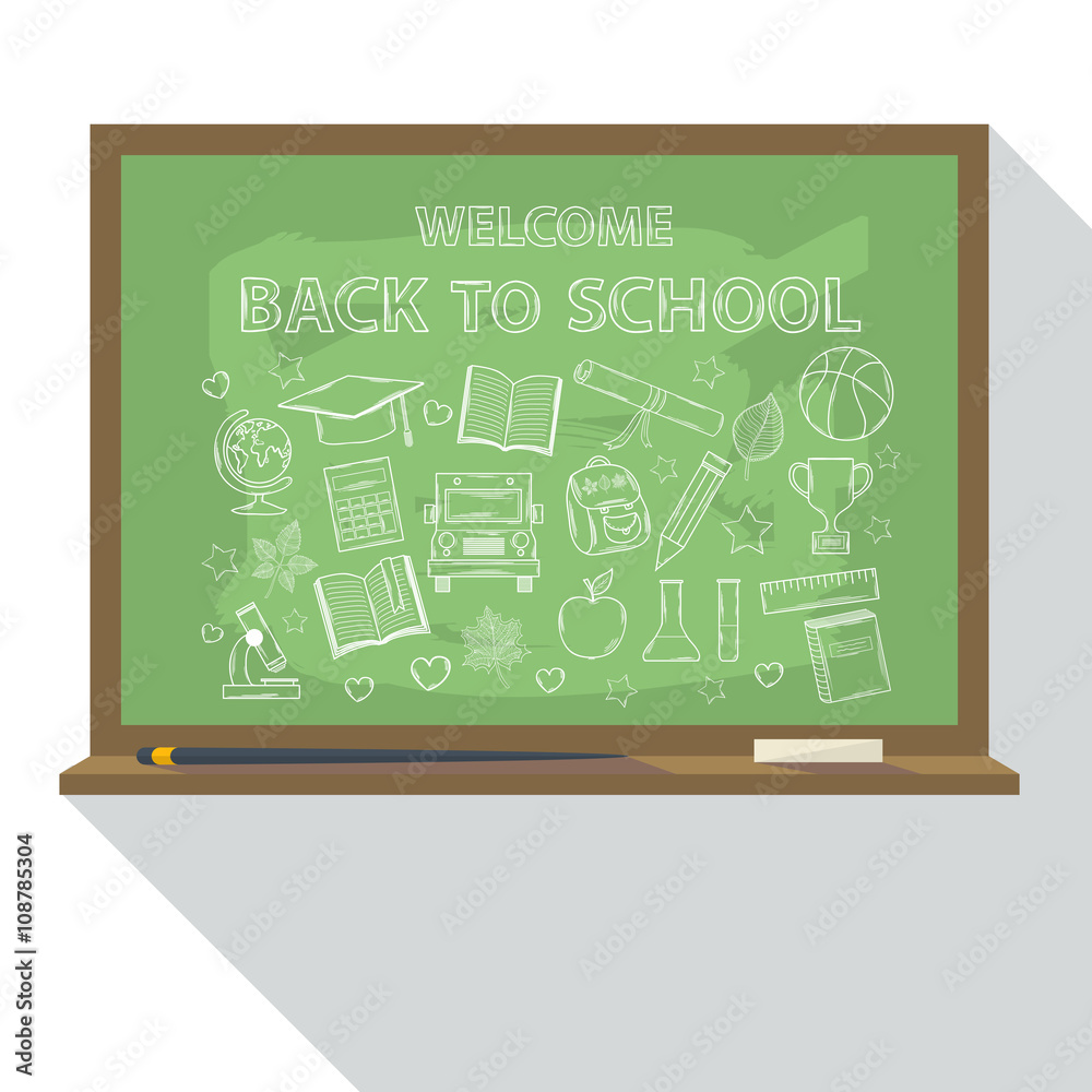 School board with doodle school icons and text back to school.Vector ...