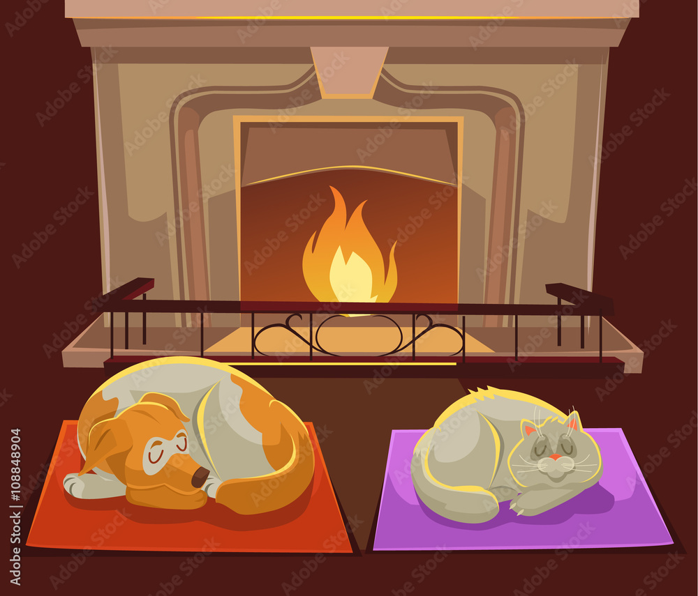 Cat and dog near fireplace. Vector flat cartoon illustration Stock ...