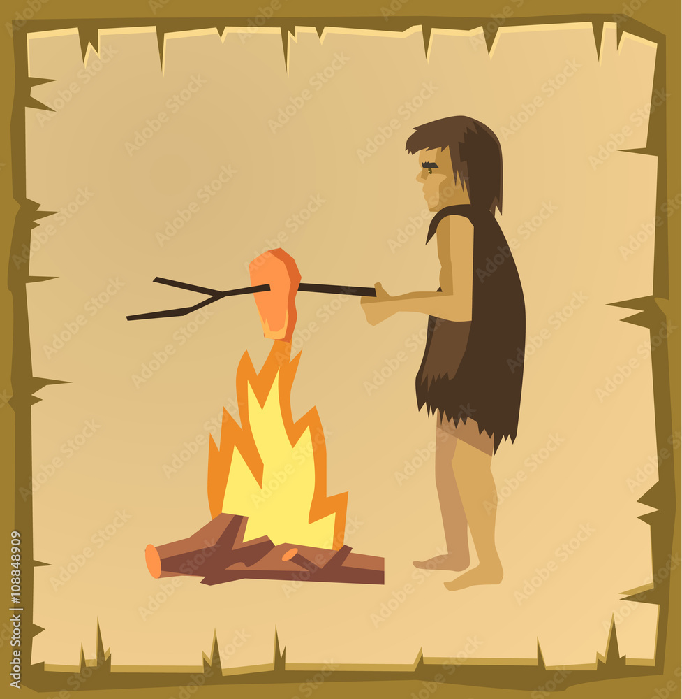 Caveman cooking. Vector flat cartoon illustration Stock Vector | Adobe ...