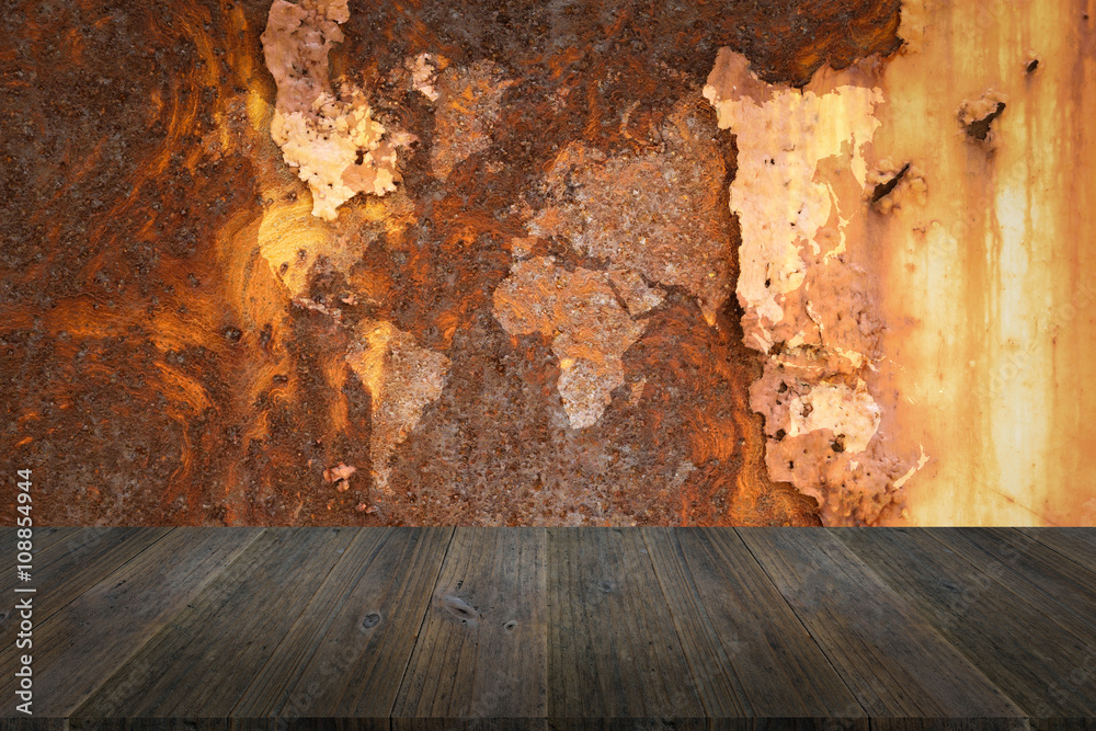 Metal rust wall texture surface with Wood terrace and world map Stock ...