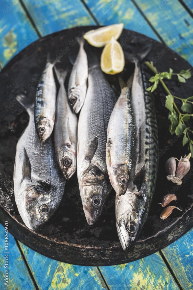 Raw fish. Sea bream, sea bass, mackerel and sardines Stock Photo ...