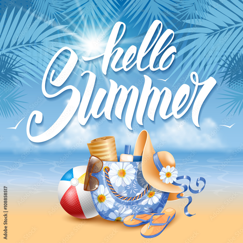 Phrase Hello Summer hand drawn by brush. Calligraphic lettering ...