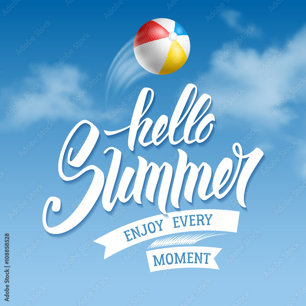 Phrase Hello Summer hand drawn by brush. Calligraphic lettering ...