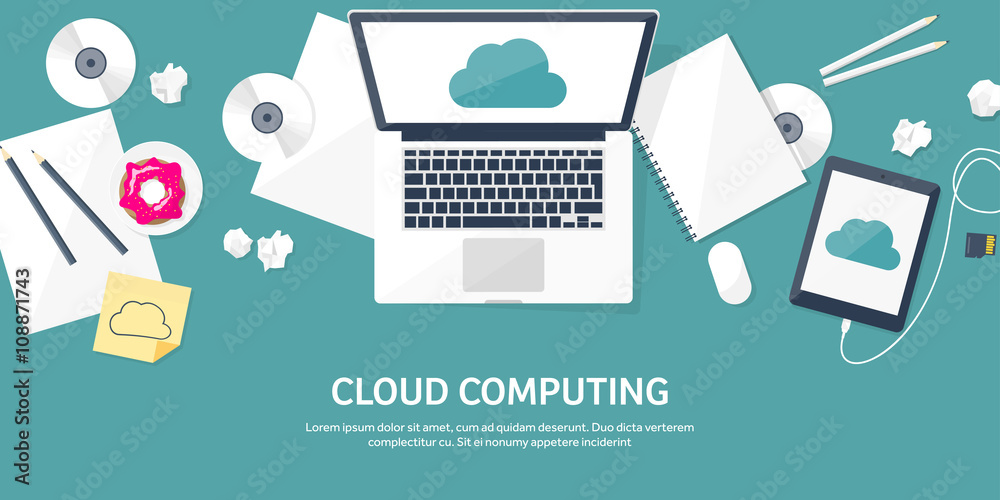 Vector illustration. Workplace, table with documents, computer. Flat ...