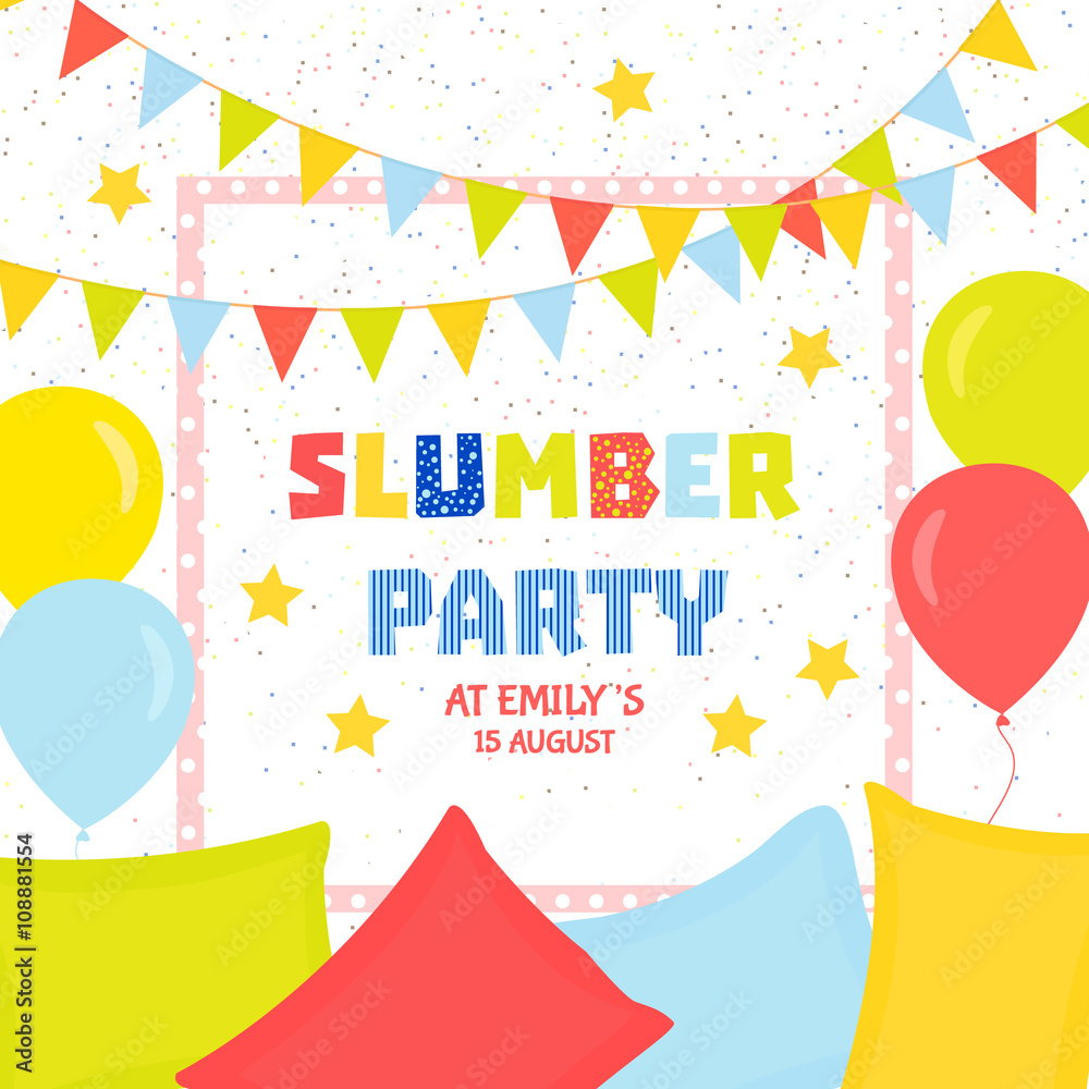 Slumber party invitation template with colorful flags, balloons and ...