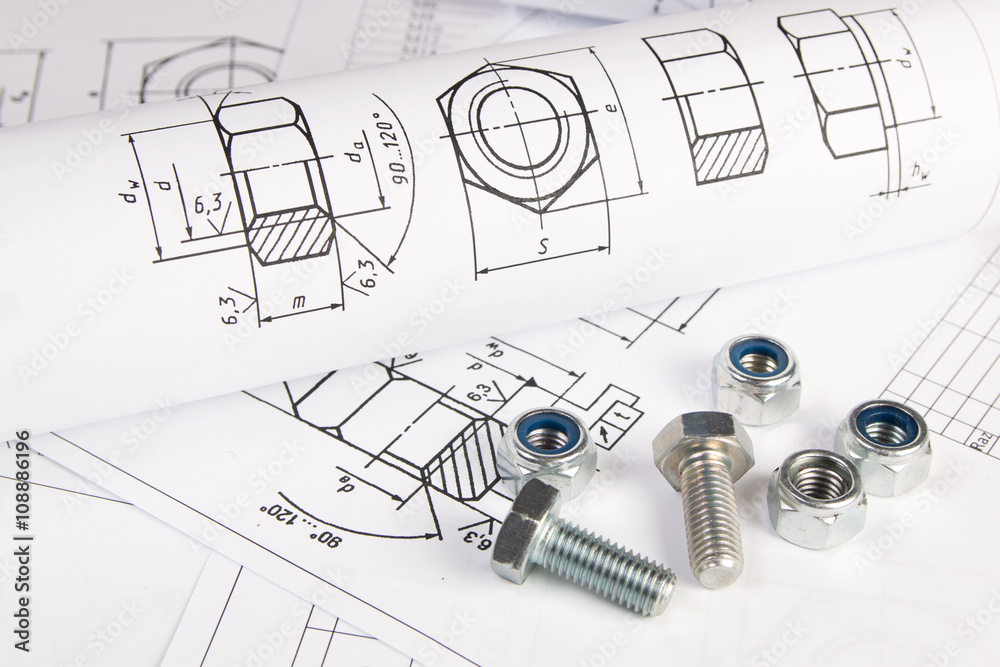 Engineering drawings, metal nuts and bolts. Science, mechanics and ...