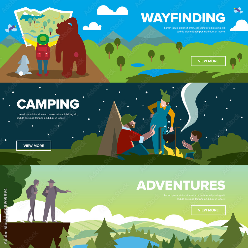 Hiking and adventure banners. Weekend journey. Vector illustration ...