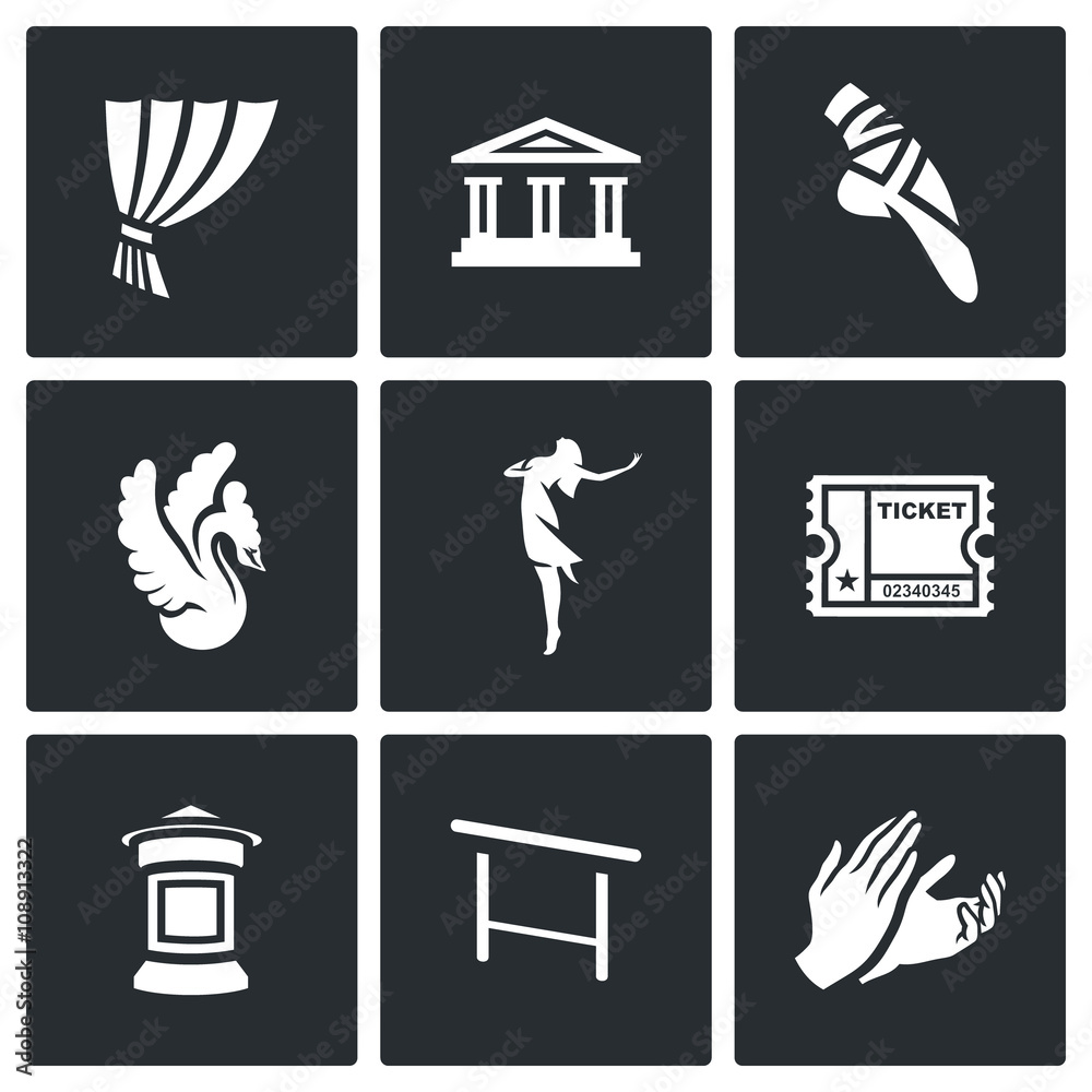 Vector Set of Ballet Icons. Curtain, Theater, Pointe, Swan, Ballerina ...