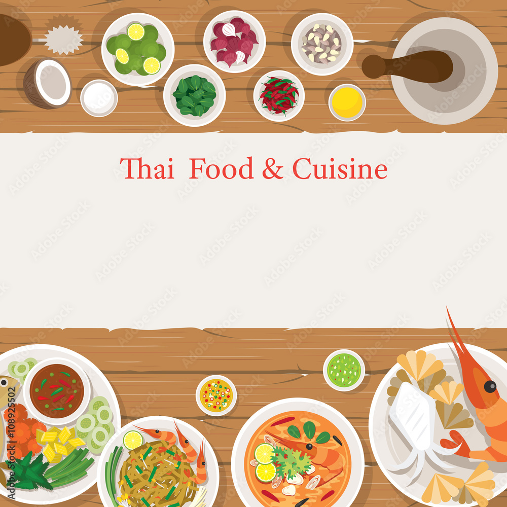 Thai Food and Ingredients Frame, Traditional, Famous Menu, Wood ...