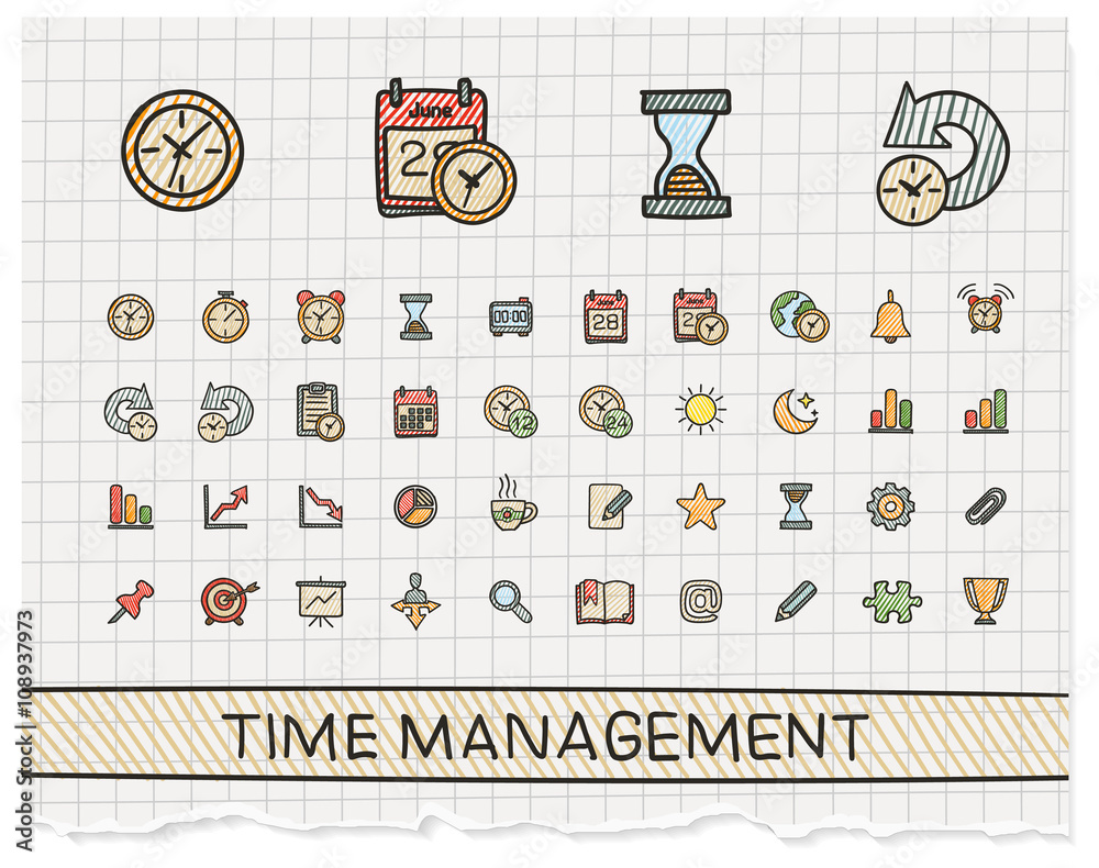 Time management hand drawing line icons. Vector doodle pictogram set ...