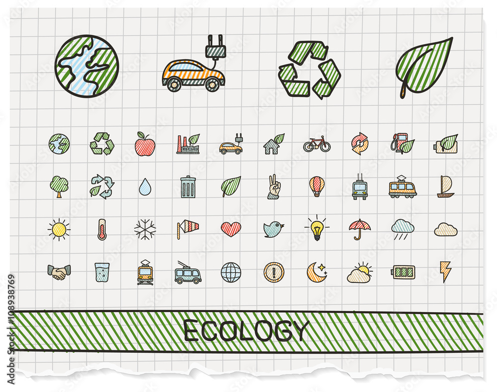 Ecology hand drawing line icons. Vector doodle pictogram set. color pen ...