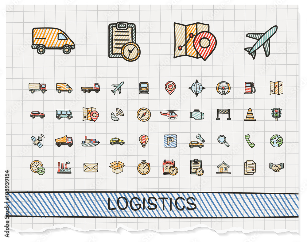 Logistic hand drawing line icons. Vector doodle pictogram set. color ...