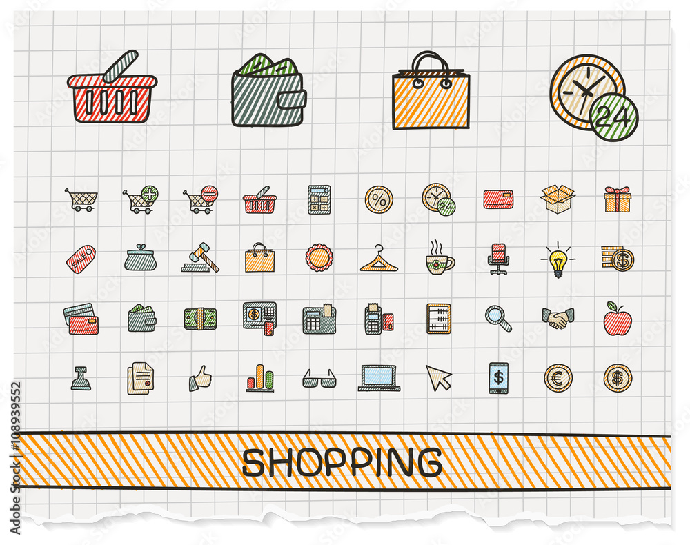 Shopping hand drawing line icons. Vector doodle pictogram set. color ...