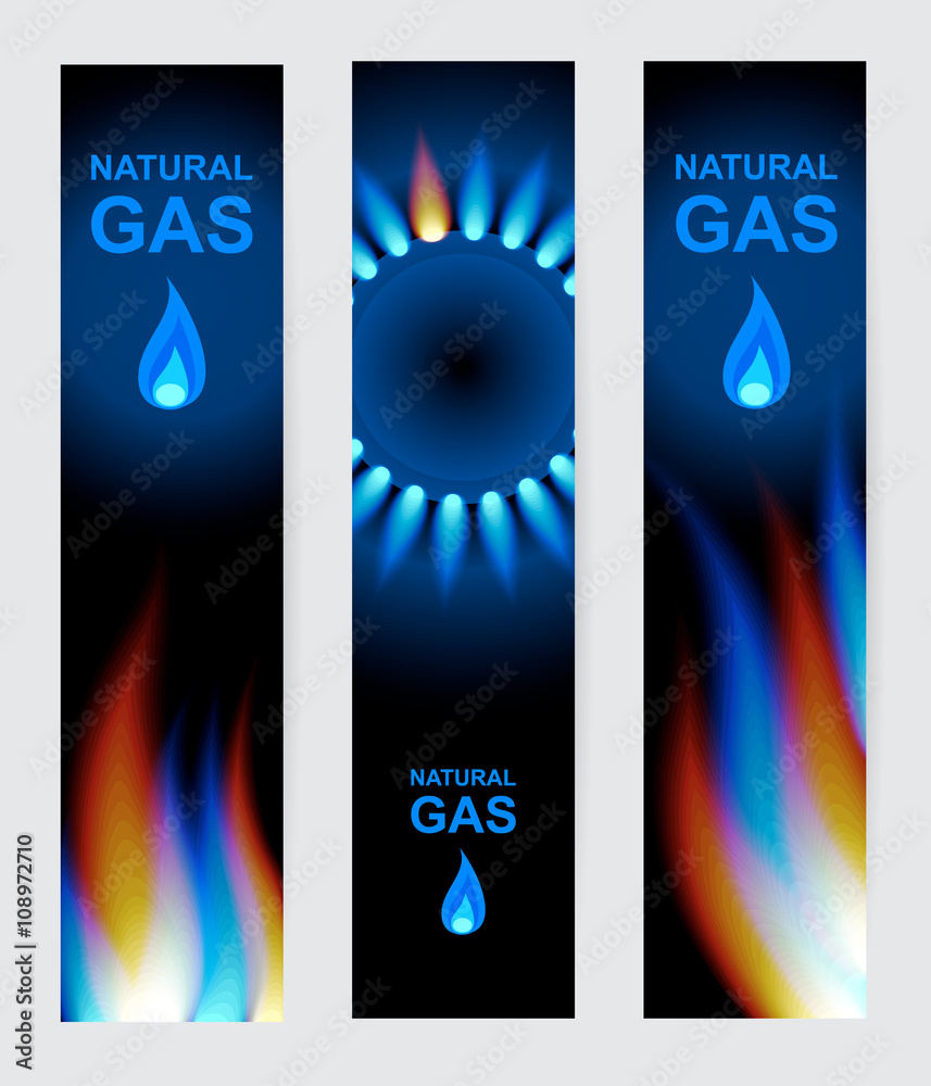 Set of three banners natural gas. Blue gas flame. Vector EPS 10. Stock ...