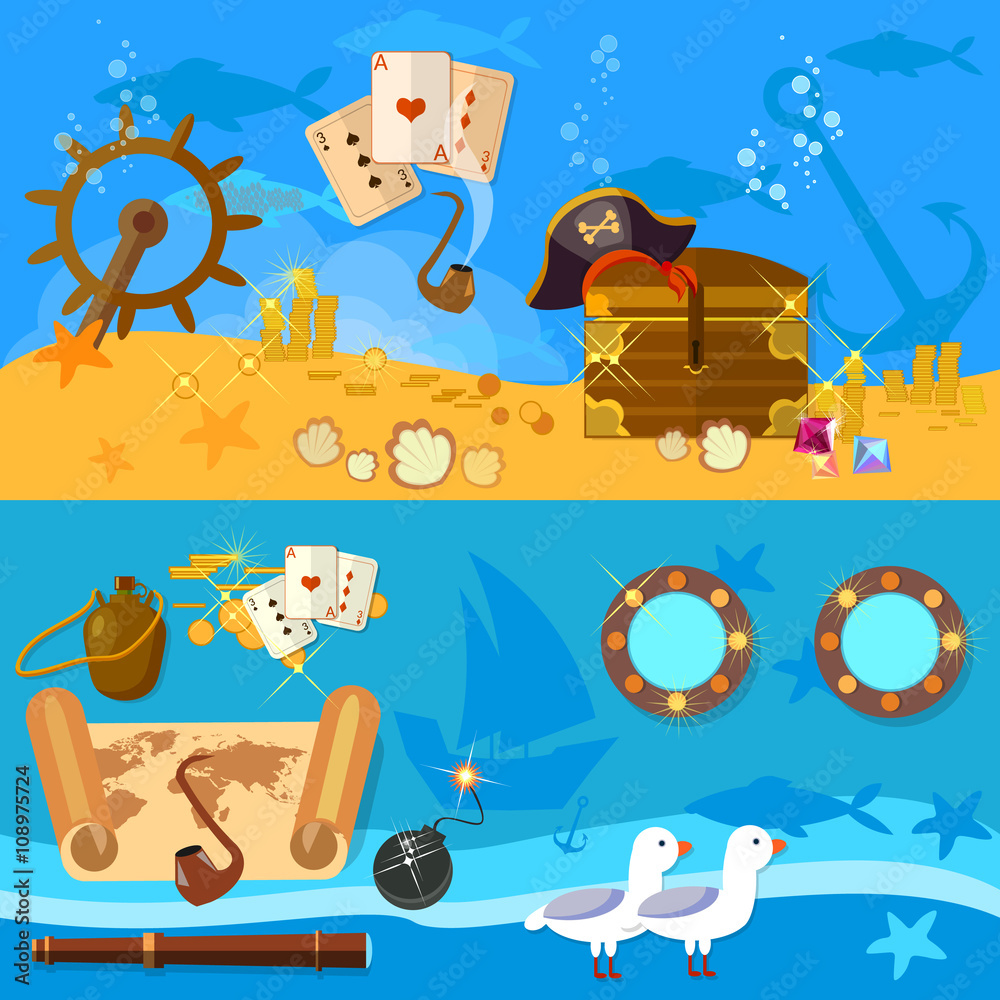 Pirate adventure banners underwater treasure chest pirate map Stock ...