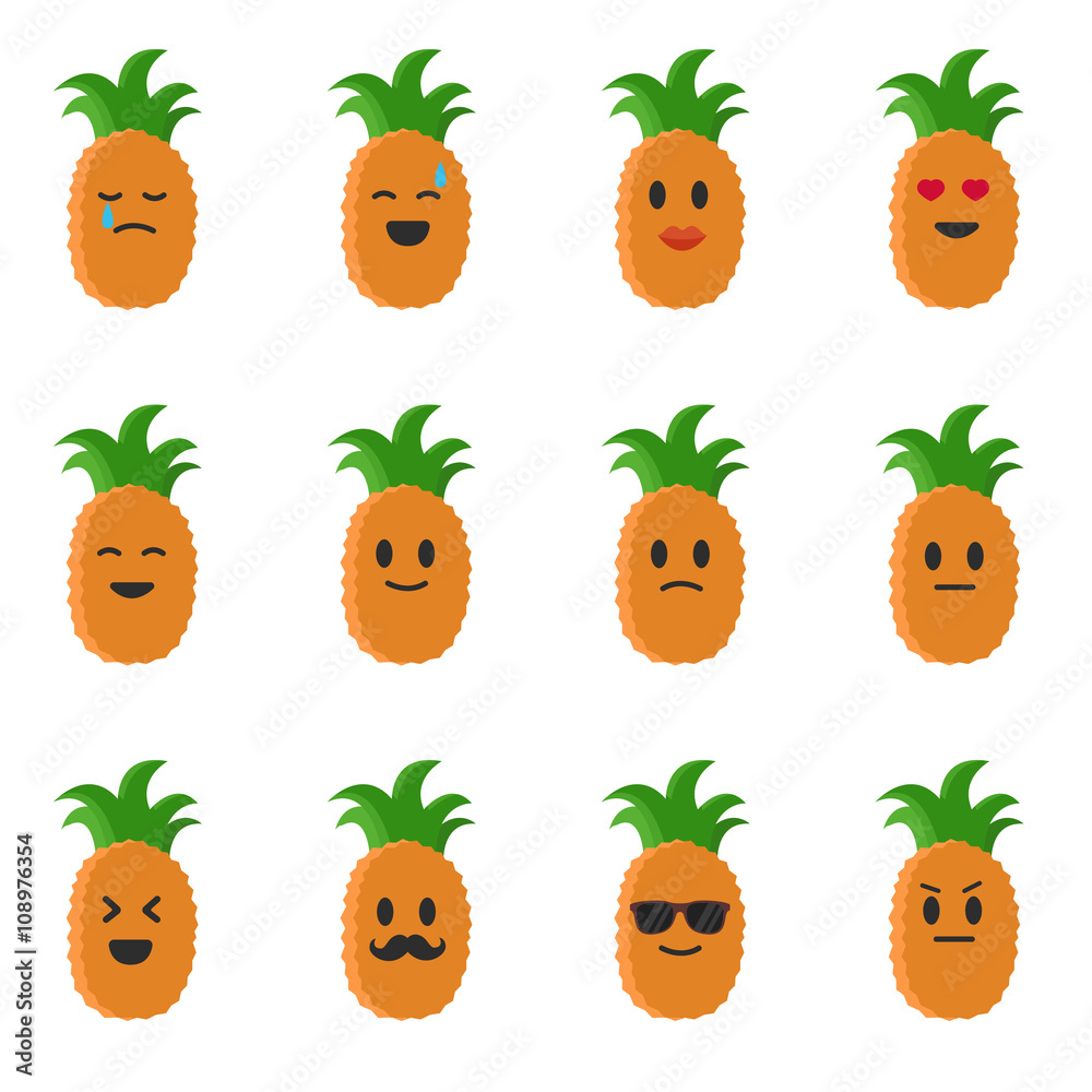 Vector emoji pineapple set. Set pineapple smiles. Cartoon emoji ...