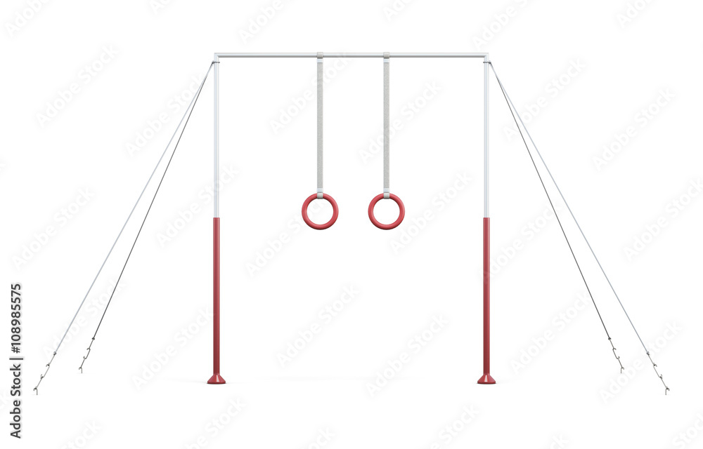 Horizontal bar with rings on ropes on white background. Front view. 3d ...