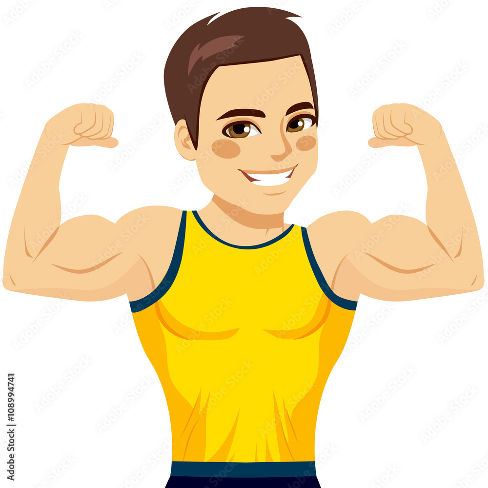 Attractive young muscular man flexing biceps and smiling happy Stock ...