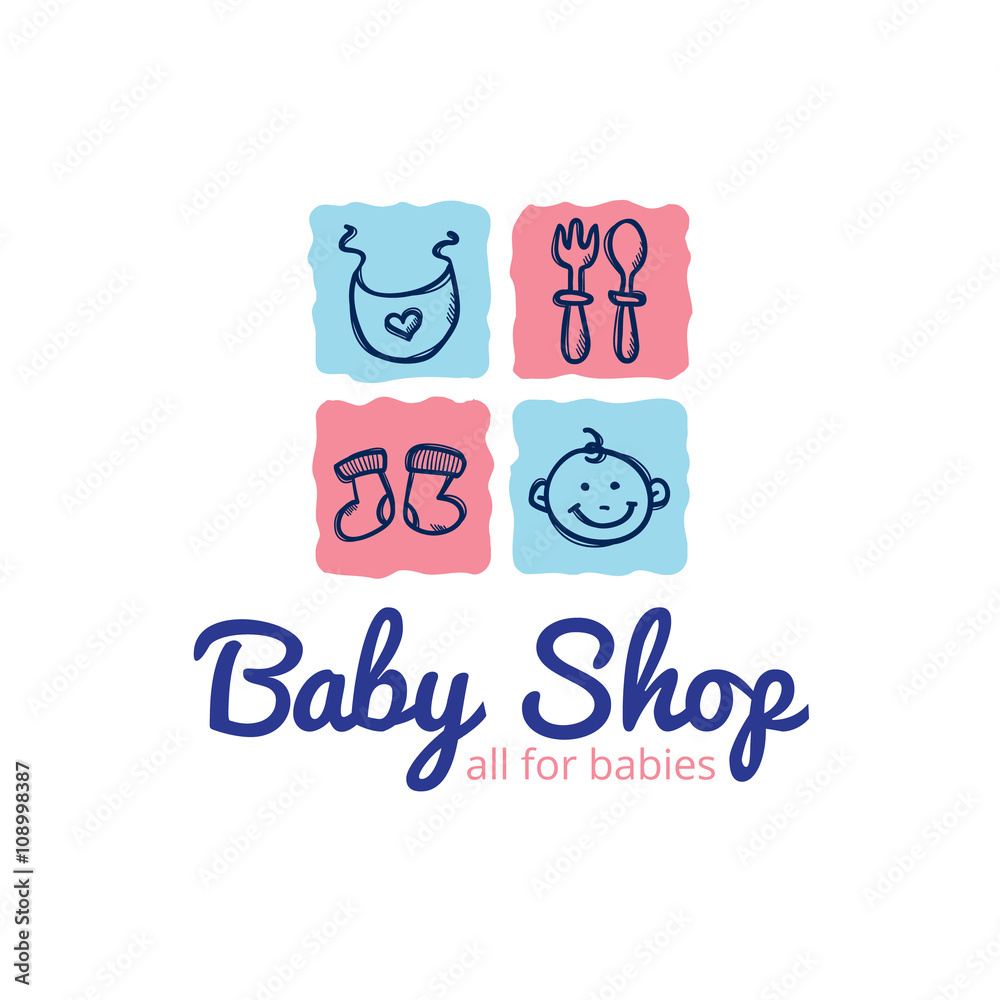 Vector cute baby shop logo in doodle style. Kids store logotype Stock ...