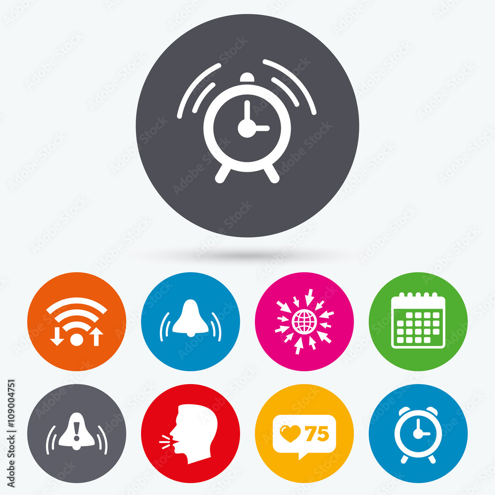 Alarm clock icons. Wake up bell signs symbols. Stock Vector | Adobe Stock