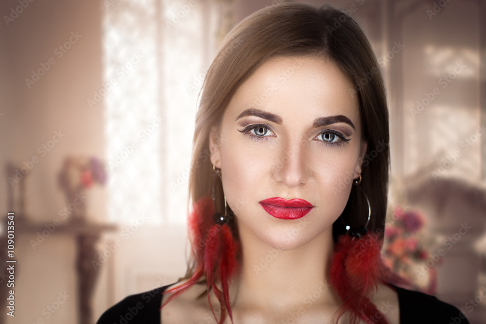 Beautiful woman portrait close-up, perfect face with clean skin, red ...