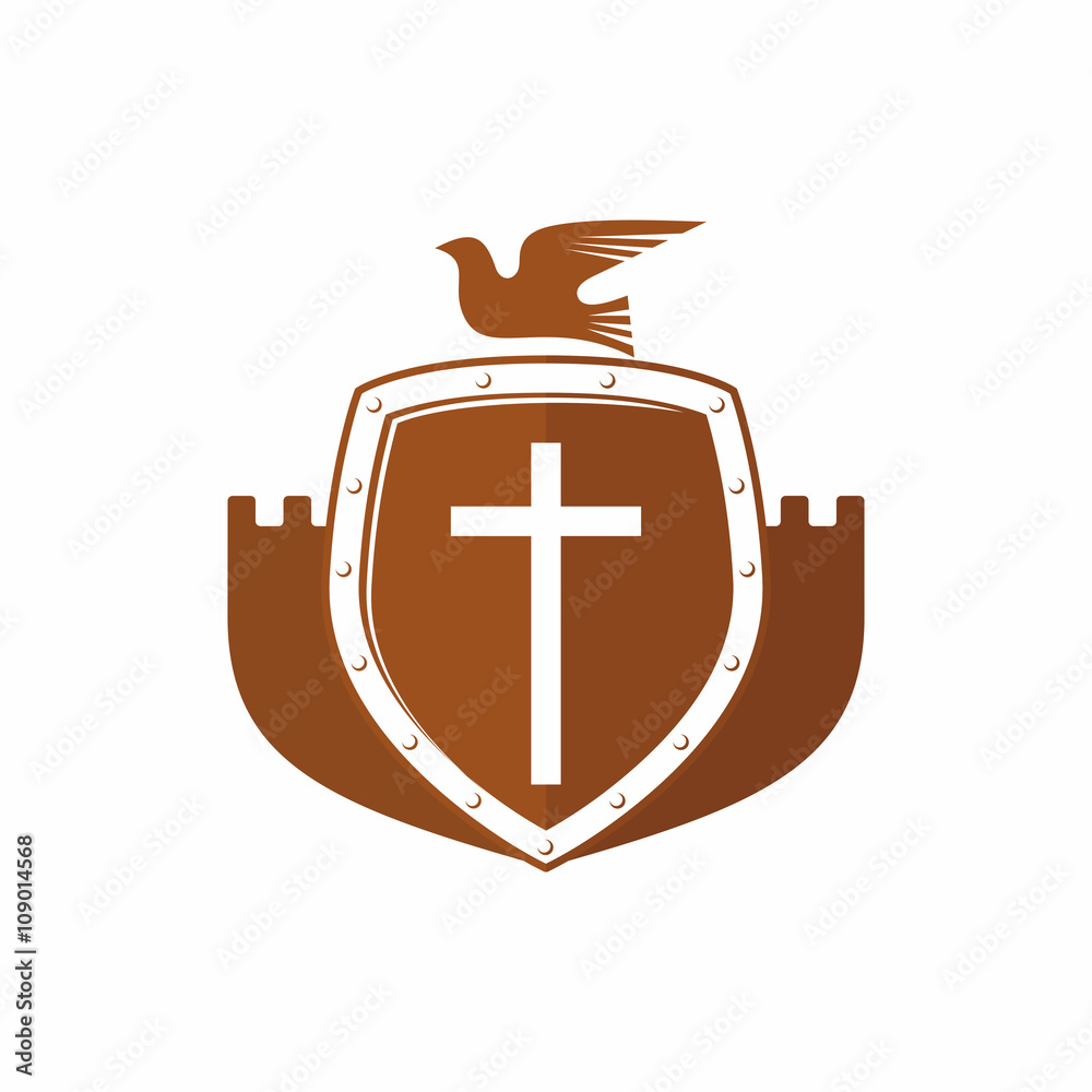Church logo. Christian symbols. Shield, Fortress, Jesus, Dove - Holy ...