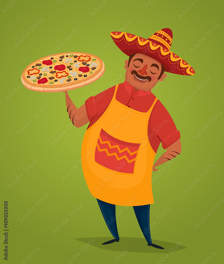 Mexican chef with pizza. Mexican food. Vector character in cartoon ...