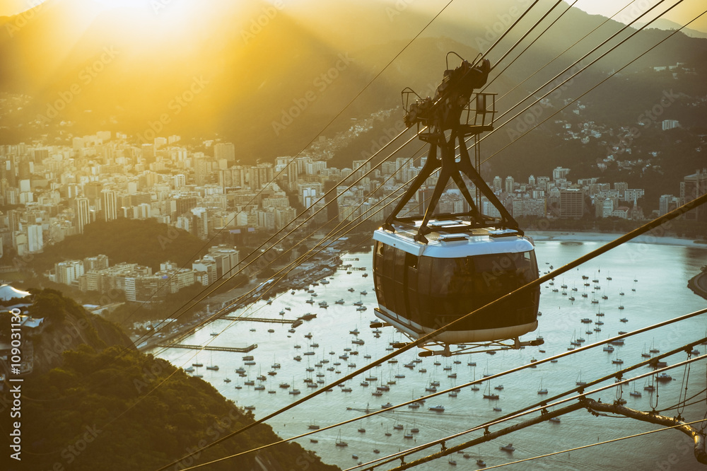 Poster Sunset view from Sugarloaf Mountain (Pão de Açucar) with a bonde ...