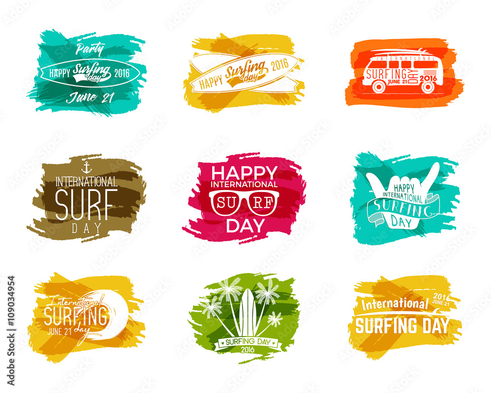 Summer surfing day graphic elements. Vector Vacation typography emblems ...