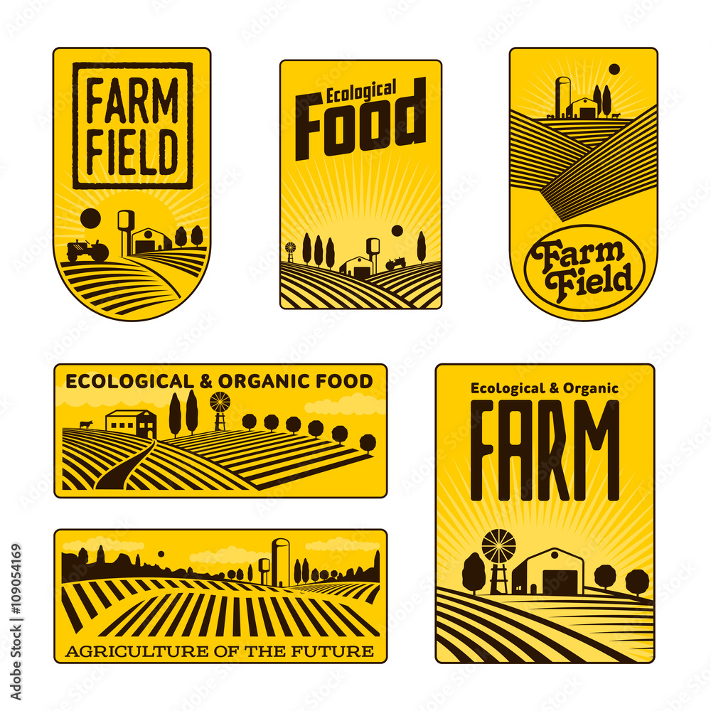 Farm field labels set of logos farming, yellow field with a barn, land ...
