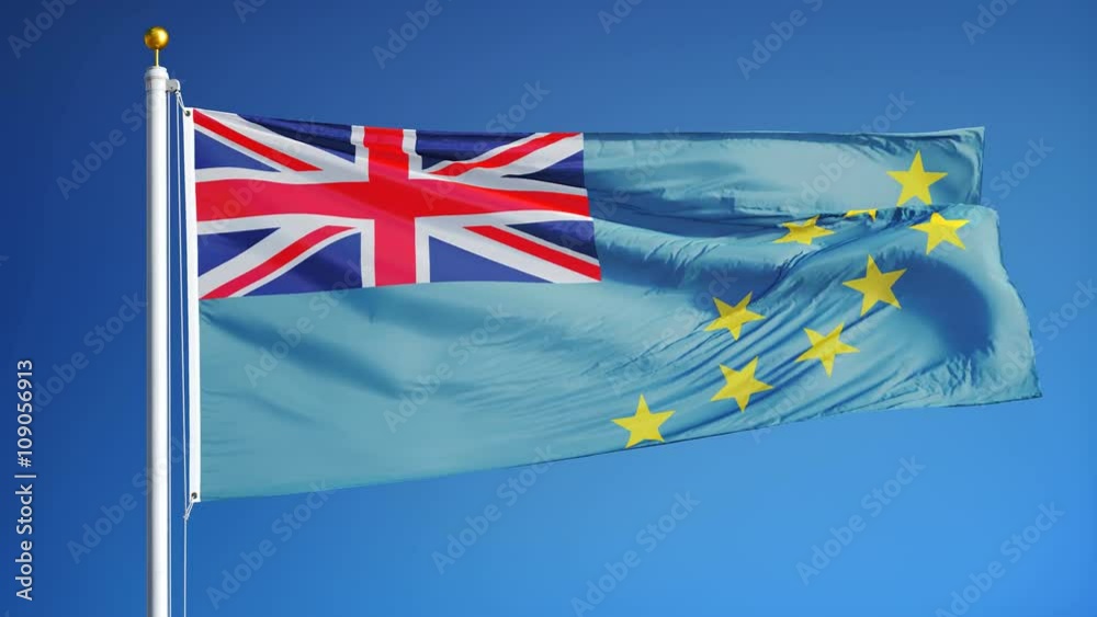 Tuvalu flag waving in slow motion against clean blue sky, seamlessly ...