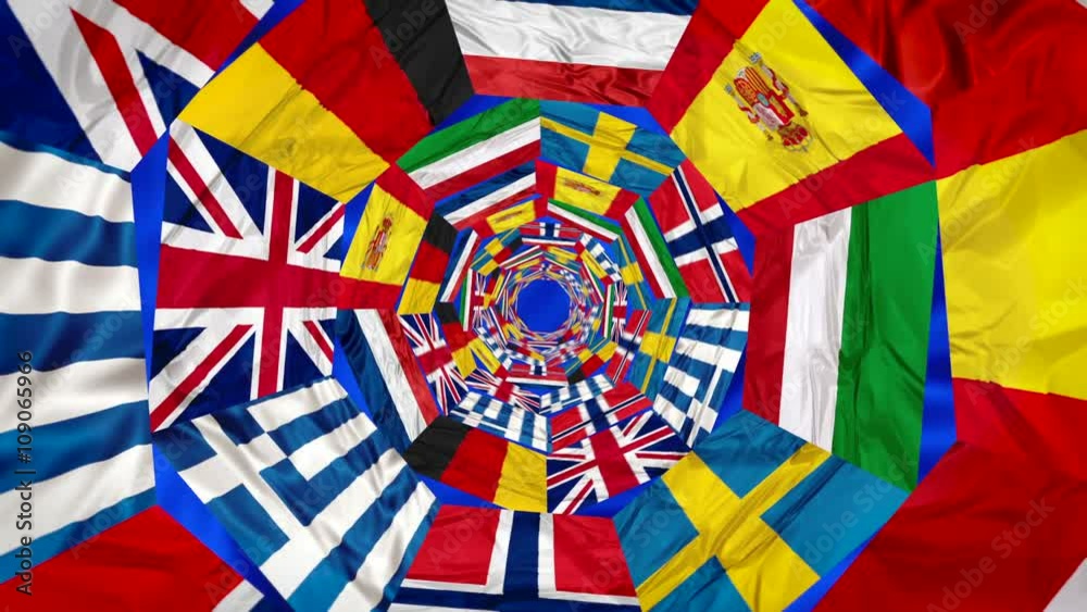 Flags of Europe contries in whirlpool 3d effect. England Greece Norway ...