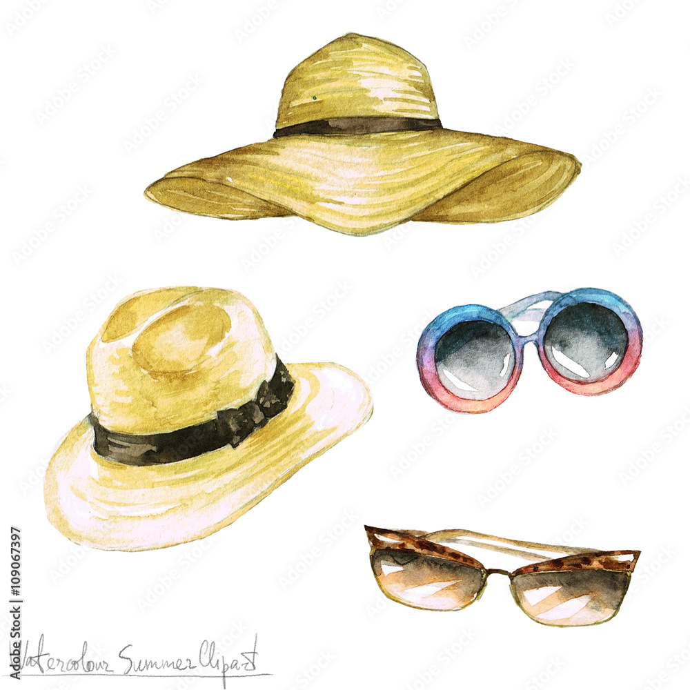 Watercolor Summer Clipart - Hats and Shades Stock Illustration | Adobe ...