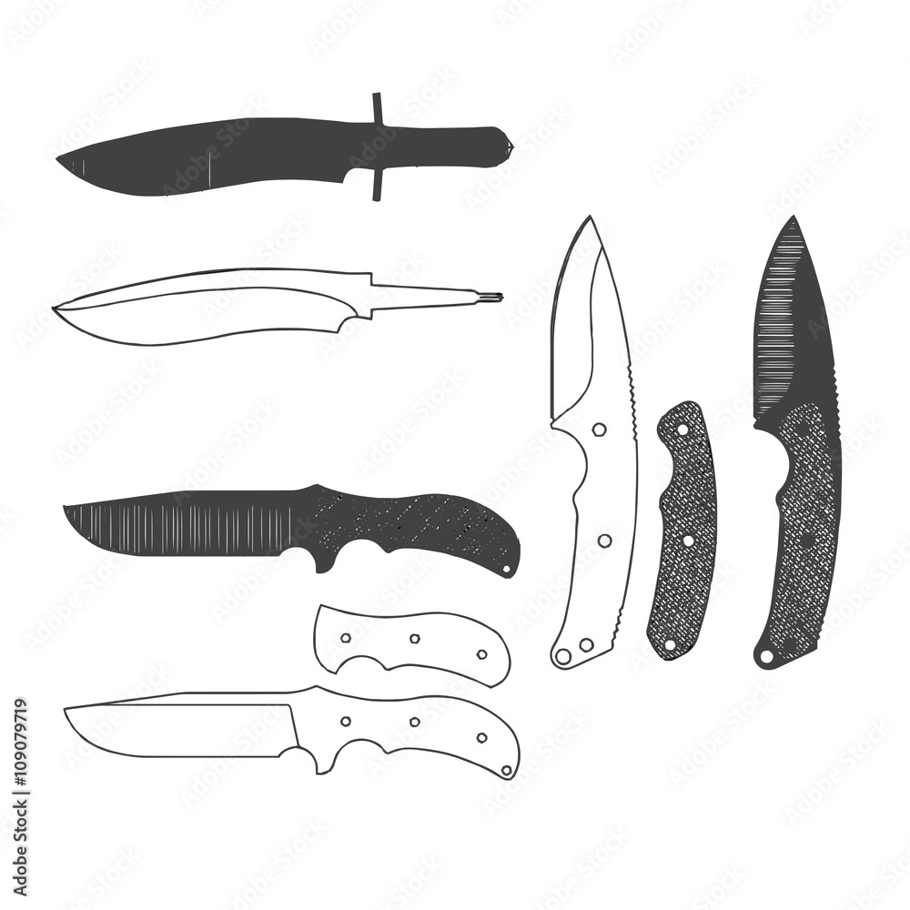 Collection of army knives, typical combat knife, crossed knives samples ...