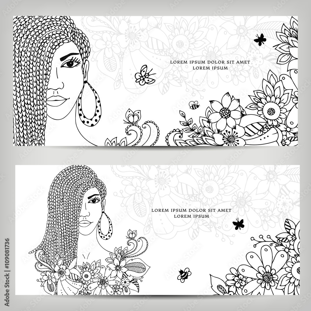 Vector illustration zentangl cards banners woman with dreadlocks in ...