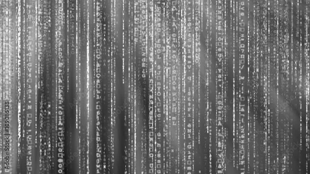 Black and white animated matrix background, computer code with symbols ...