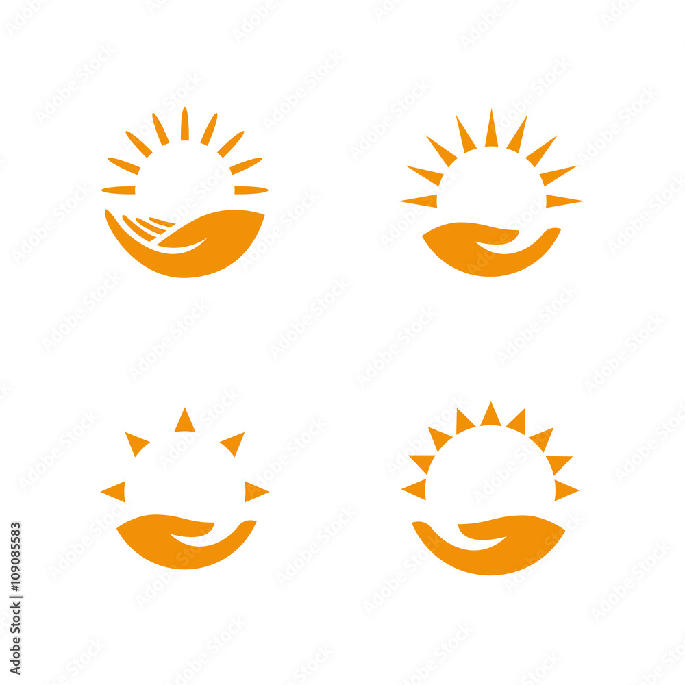Weather logo set. Hand holding the sun Stock Vector | Adobe Stock